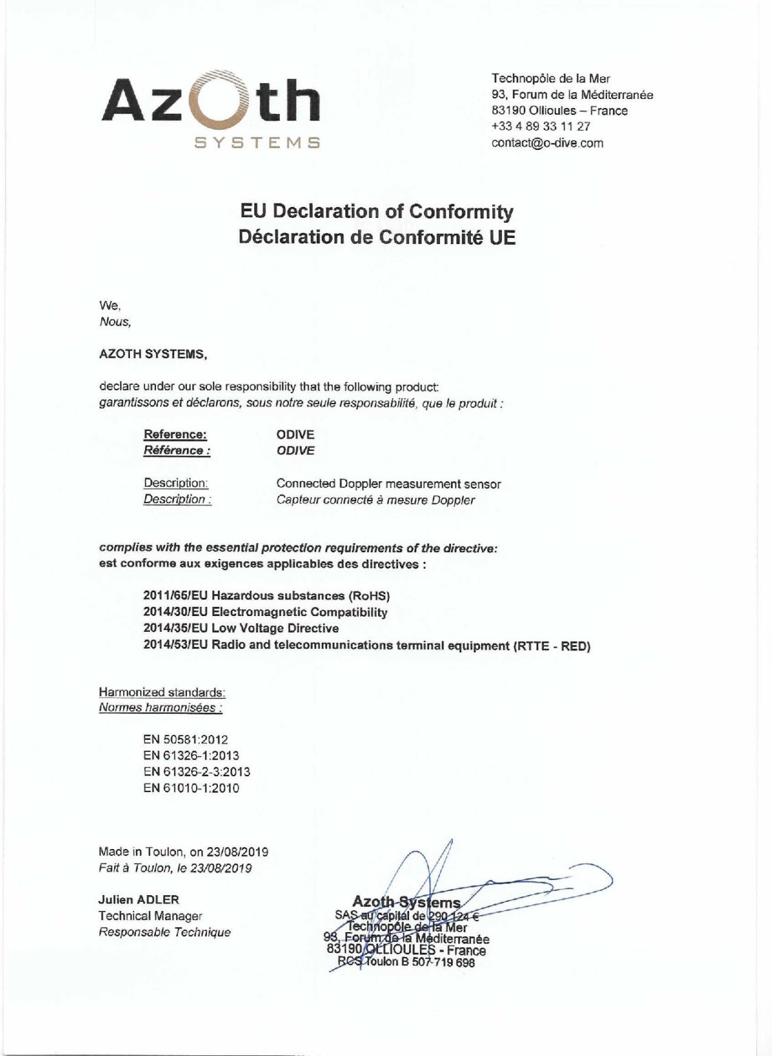 Declarations Of Conformity O Dive